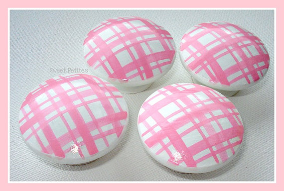 Hand Painted Knob Dresser Drawer Or Nail Cover White With Pink Gingham on Luulla