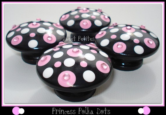 Hand Painted Knob Dresser Drawer Black With Pink And White Polka Dots And Pink Rhinestones on Luulla